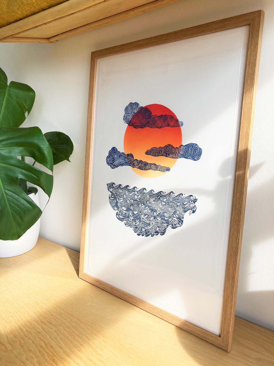 Original Limited Edition Lino Print With Colourful Sun, Sea and Clouds ...