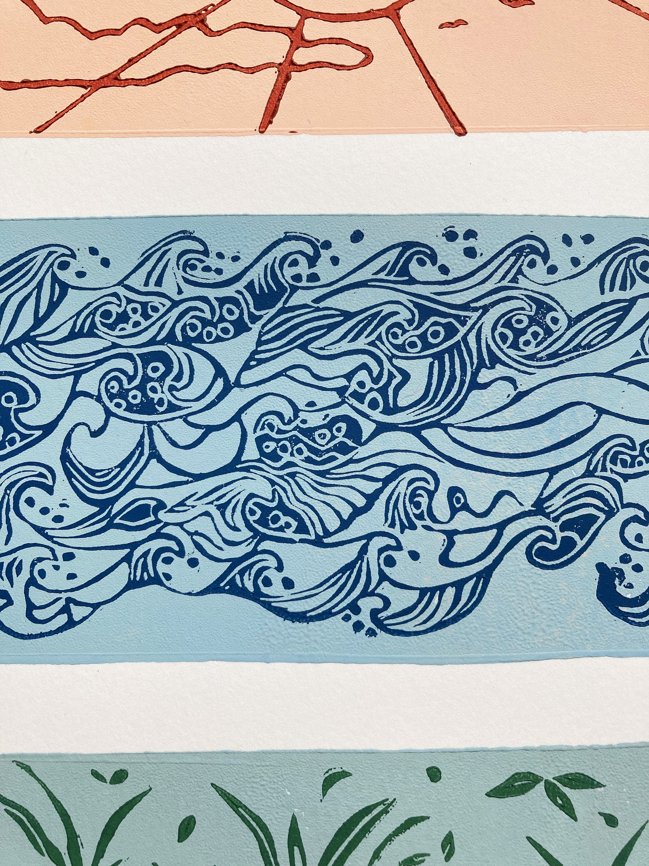 Original lino print including sun sea and botanical's. | Etsy
