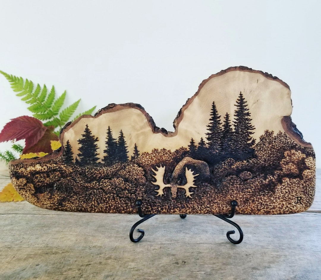 Carved Wood Forest Moose Art, Original Alaska Wildlife Sculpture, Cabin ...
