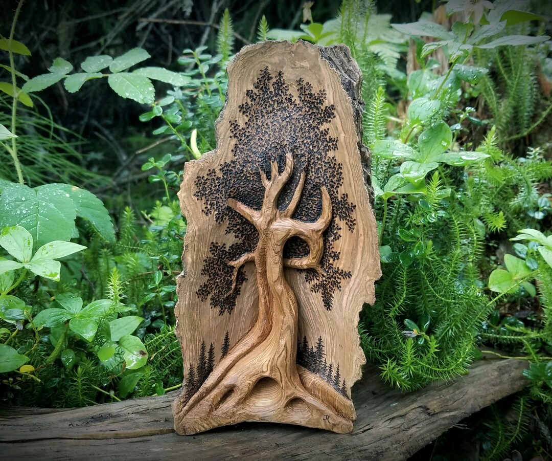 Forest Tree Carved Wood Bark Art Sculpture, Rustic Nature Decor for ...