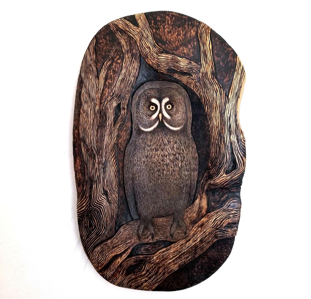 Owl Tree Wood Wall Sculpture, Great Grey Owl Hand Carved Original Art ...