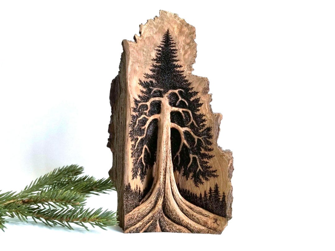 Spruce Tree Carved Wood Spirit Art Sculpture, Nature Decor for Shelf ...