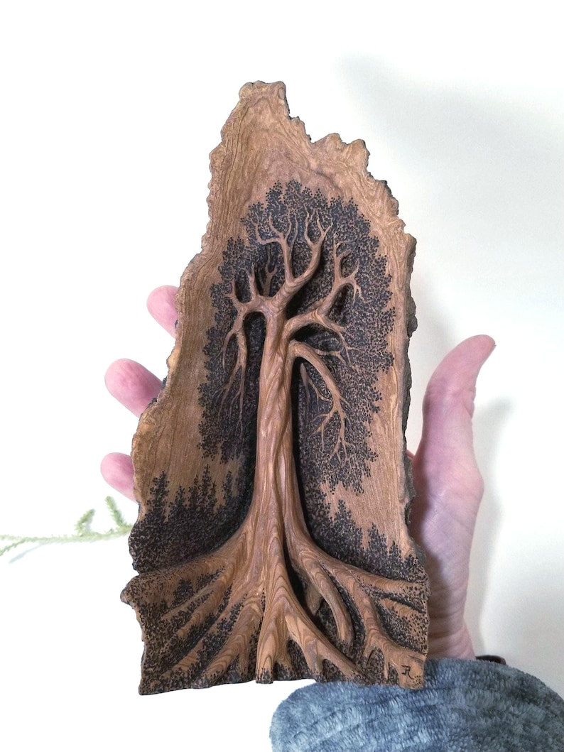 Woodland Tree Carved Wood Bark Sculpture: Forest Spirit, Original ...
