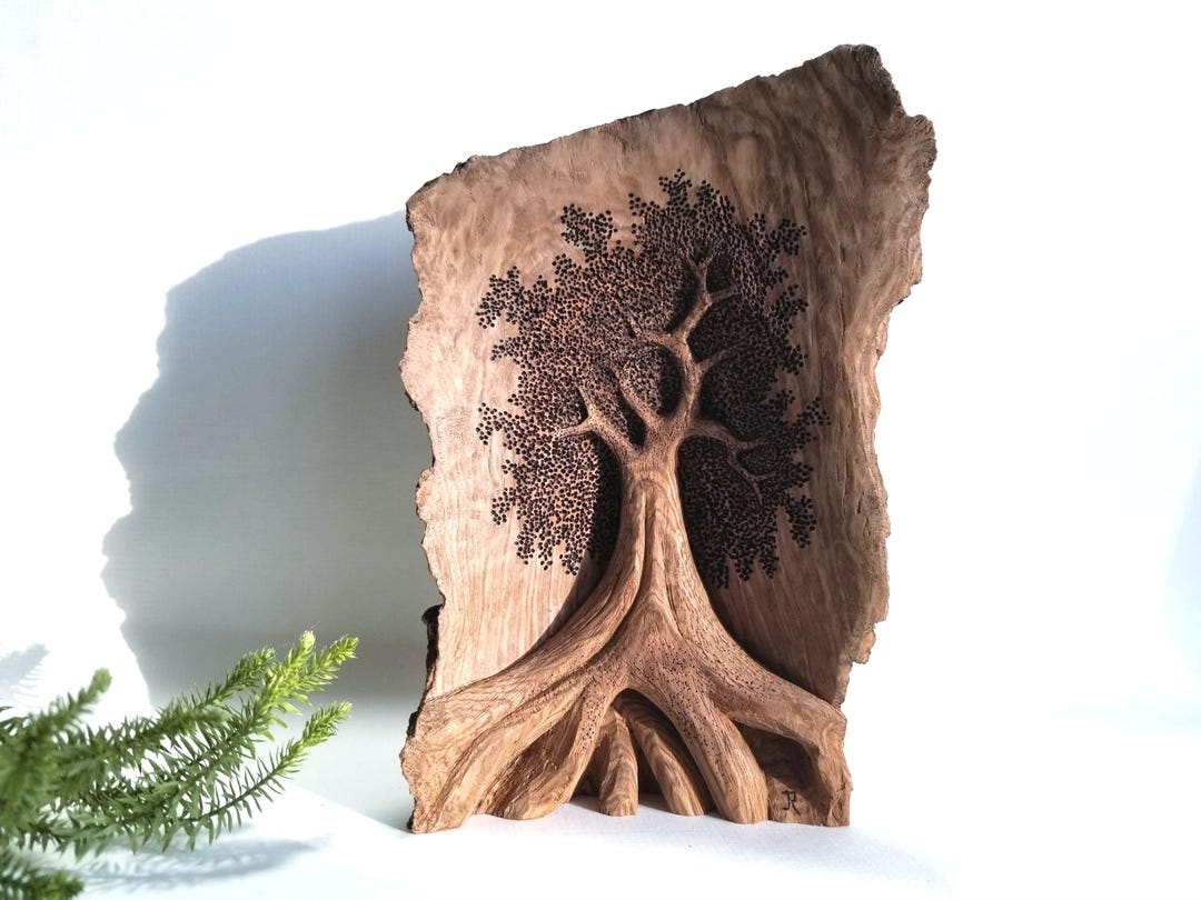 Hand Carved Wood Tree, Rustic Bark Sculpture, Forest Wood Spirit ...