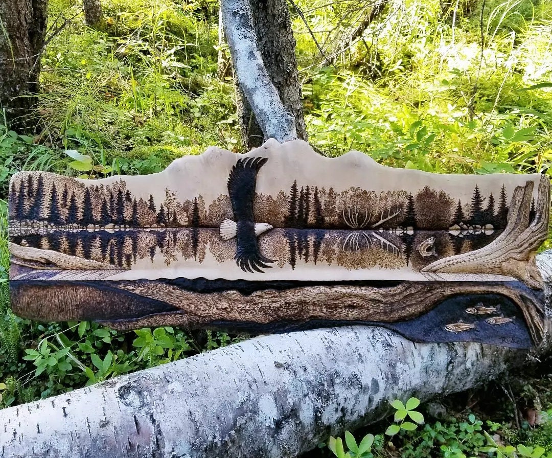 Eagle & Lake Carved Wood Wall Art Live Edge Sculpture, Alaska Original ...