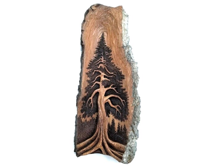Spruce Tree Nature Wall Art, Hand Carved Bark Wood Sculpture, Alaska ...
