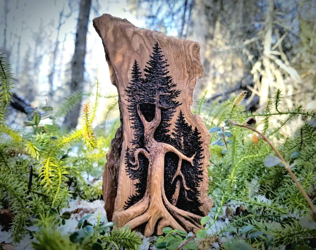 Forest Evergreen Tree Carved Wood Miniature Art Sculpture, Tree Spirit ...