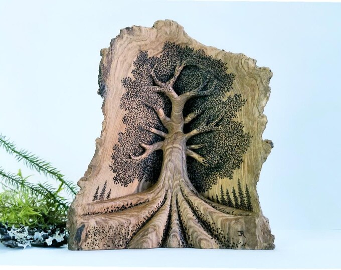 Hand Carved Wood Tree, Rustic Bark Sculpture, Forest Wood Spirit ...