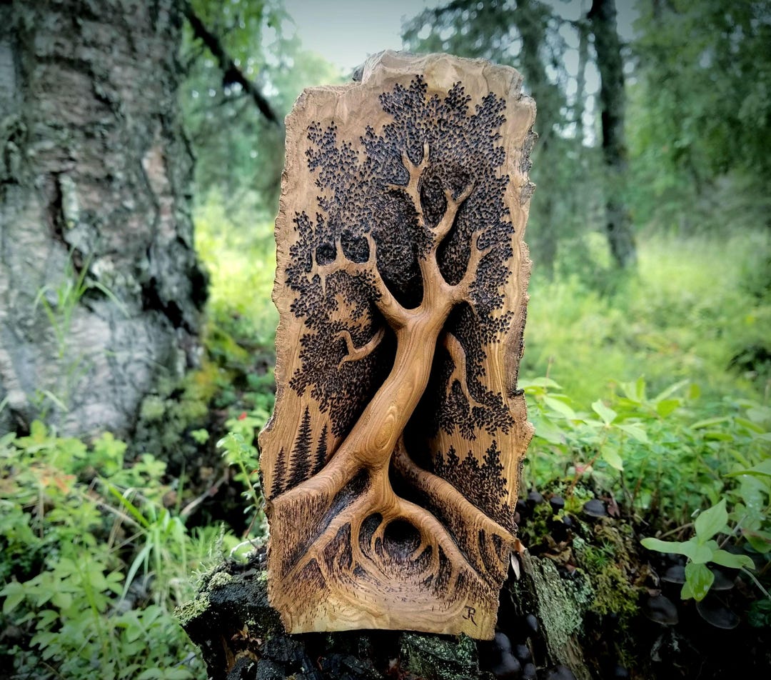 Tree Wood Spirit Carving, Original Nature Art, Natural Bark Sculpture ...