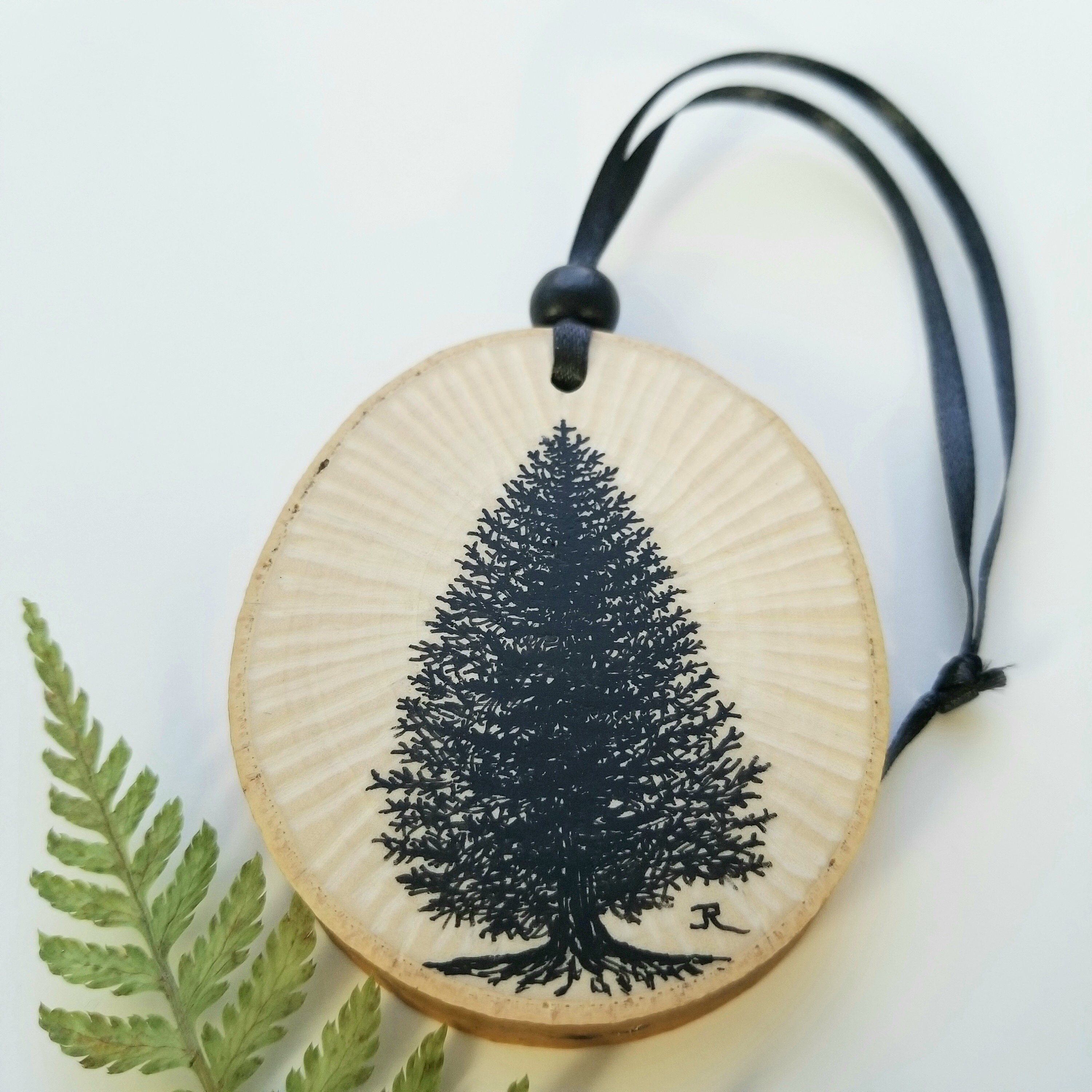 Rustic Evergreen Tree Carved Wood Handmade Ornament, Original Mini Art ...