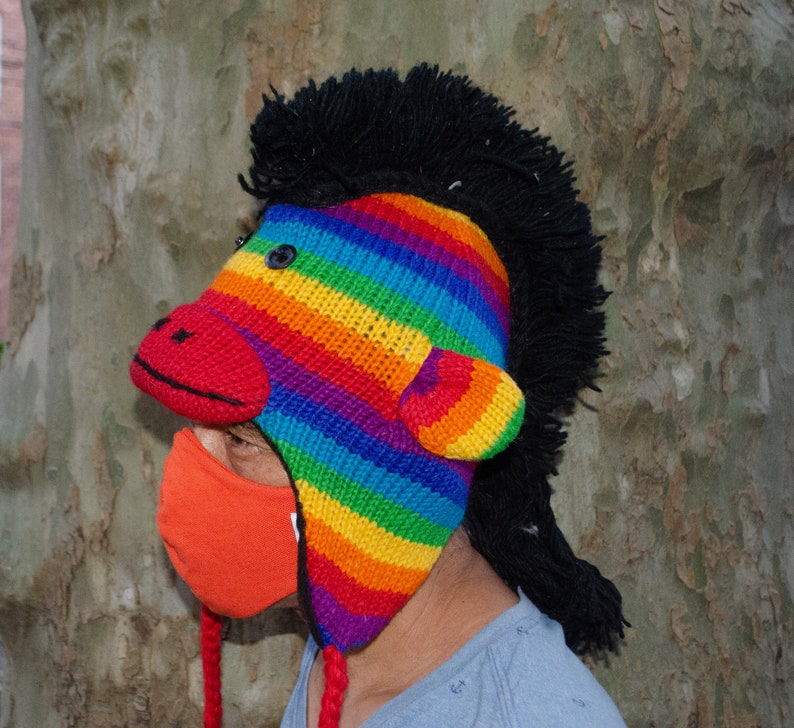 Handmade Rasta Rainbow Mohawk Hat with Pom Poms Ear Flap | Etsy