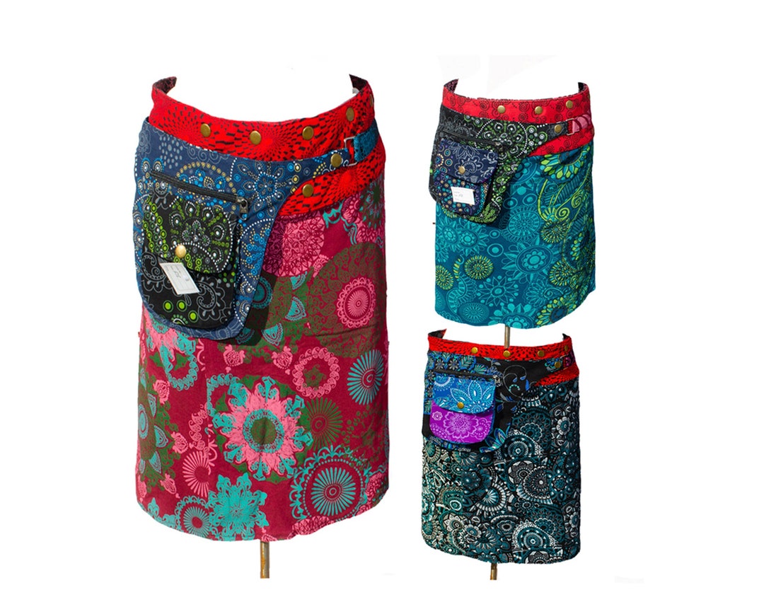 Reversible Skirt Blue With Ornaments, Adjustable Cotton Skirt With ...