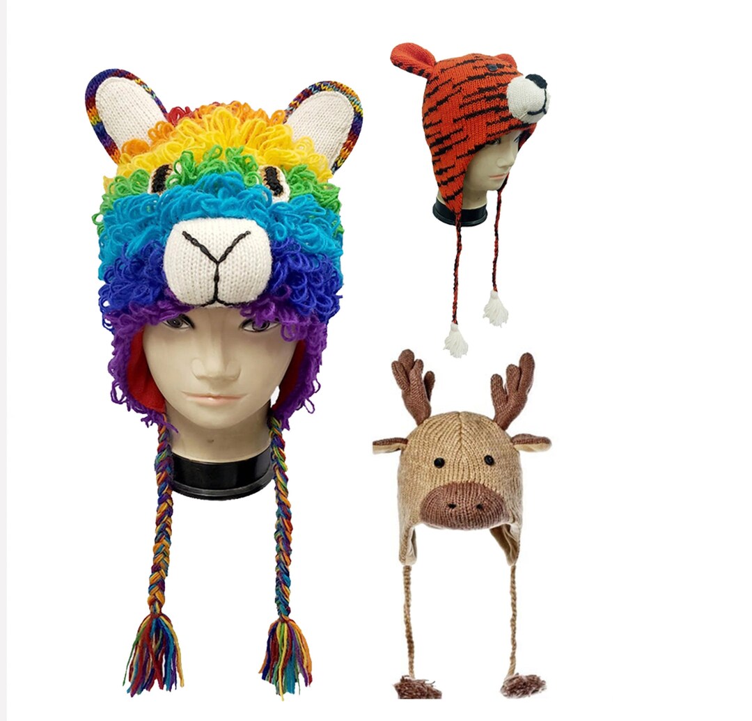 Adult Unisex Handmade Wool Animal Hat - Rainbow Llama Tiger Reindeer ...