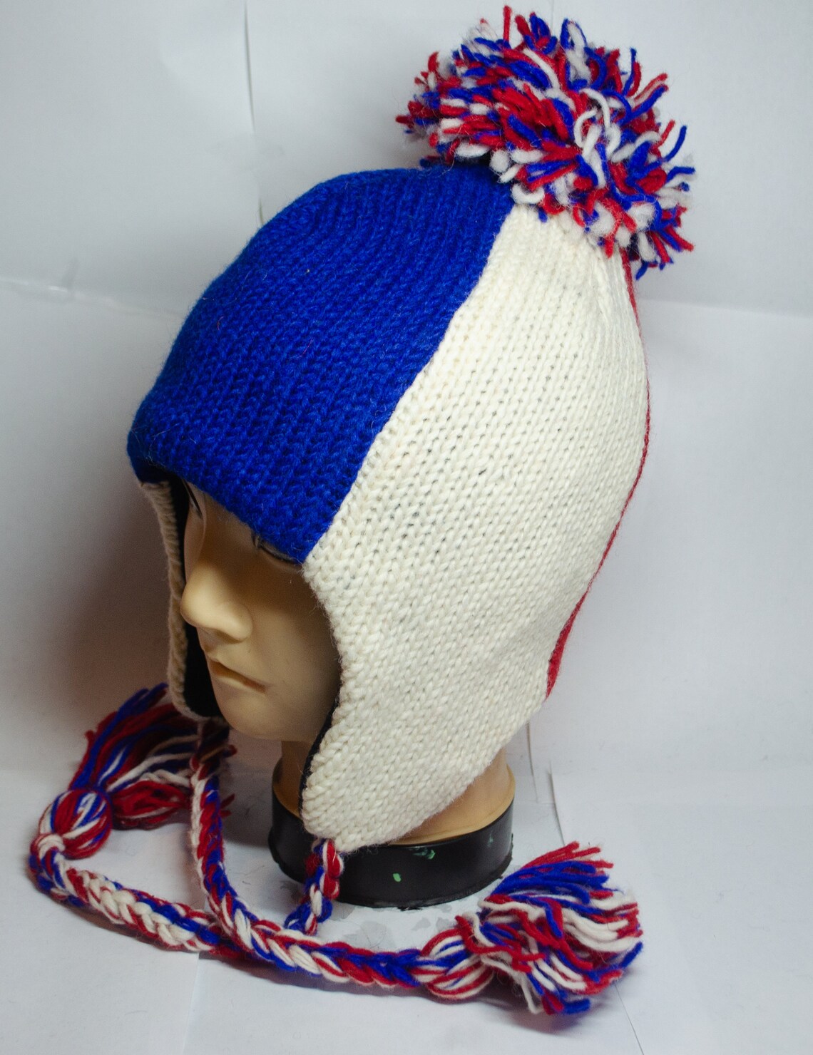 Handmade Red White Blue Beanie Hat Pom Pom Hat With Strings Etsy