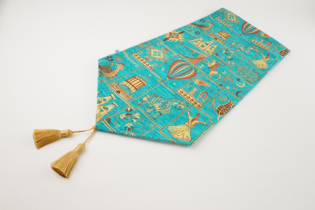 Table Runner, Turquoise Blue Turkish Dream Pattern Fabric Table Linens ...