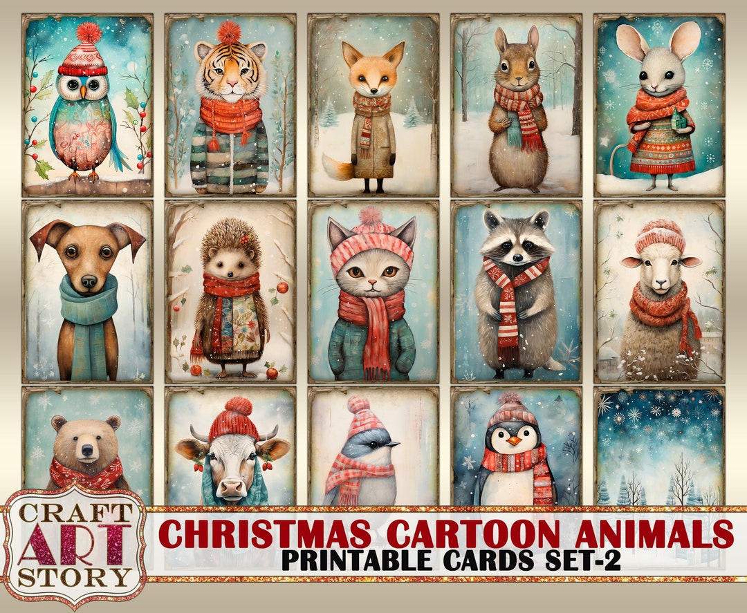 Christmas Cartoon Animals Printable Cards Set-2,winter Printables ...