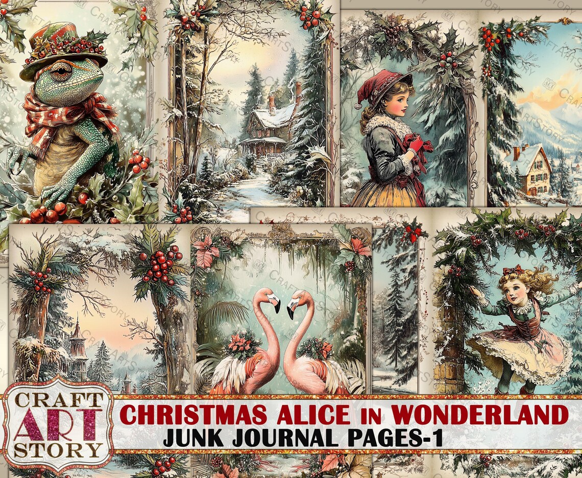 Christmas Alice Wonderland Junk Journal Pages,scrapbook Printables ...