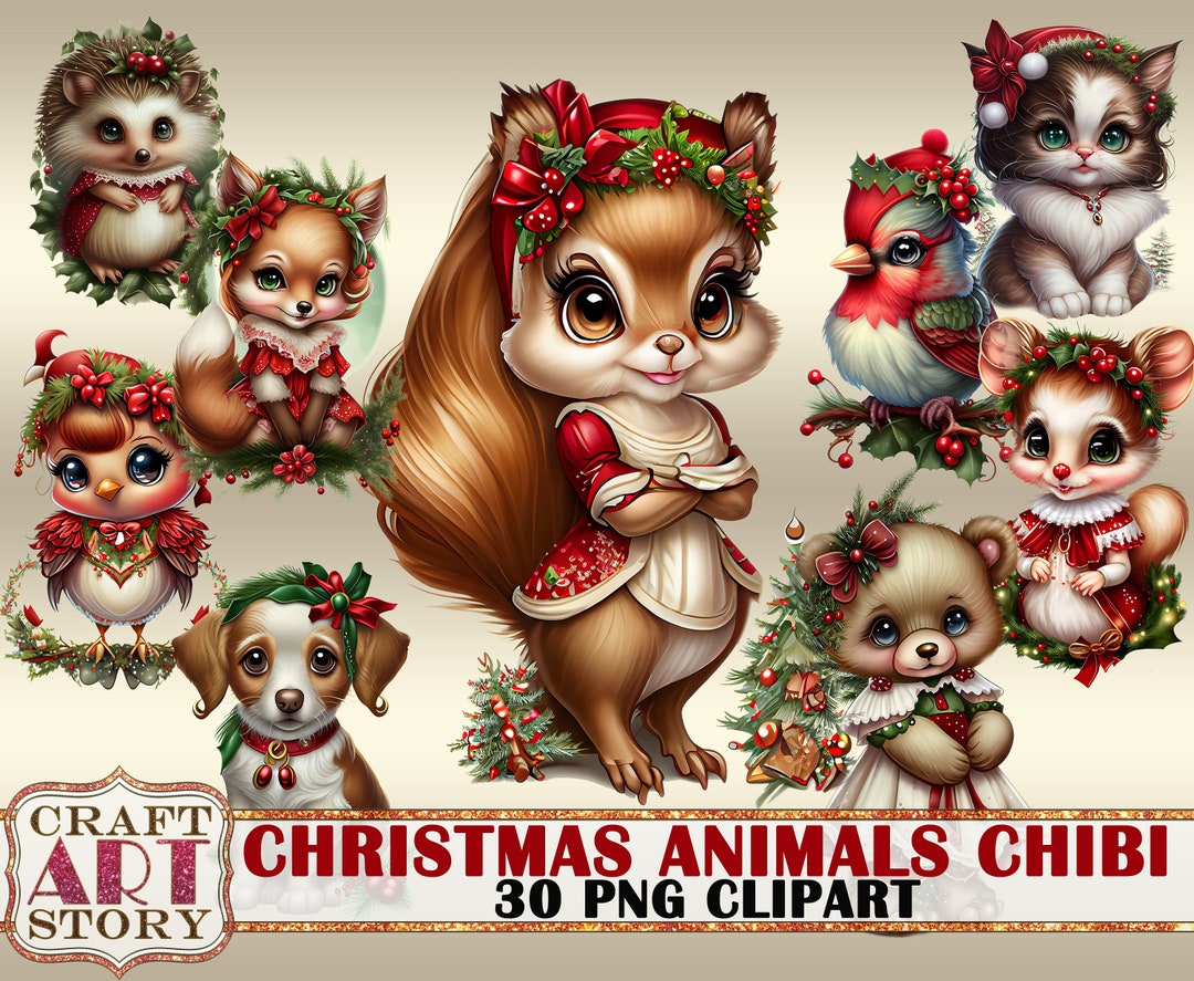 Christmas Animals Chibi Clipart,holiday Digital Stickers - Etsy