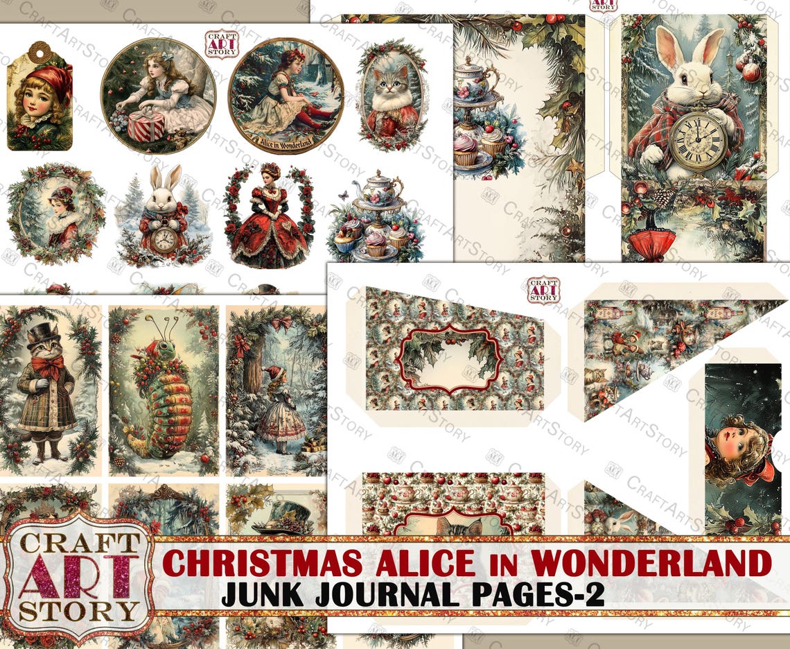 Christmas Alice Wonderland Junk Journal Pages,scrapbook Printables ...