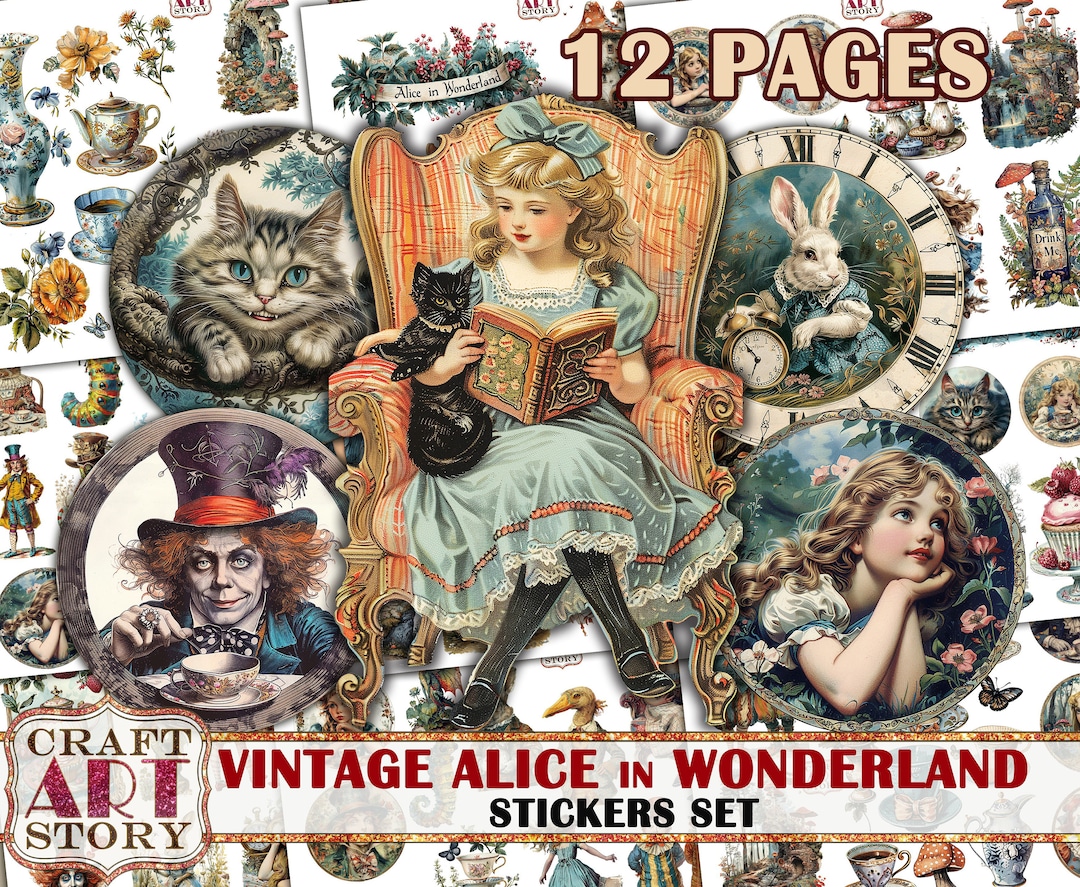 Vintage Alice Wonderland Stickers Set Fussy Cuts Printable Scrapbook