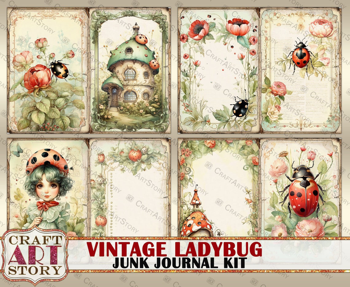 Vintage Ladybug Fantasy Junk Journal Pages, Printables Digital Papers ...