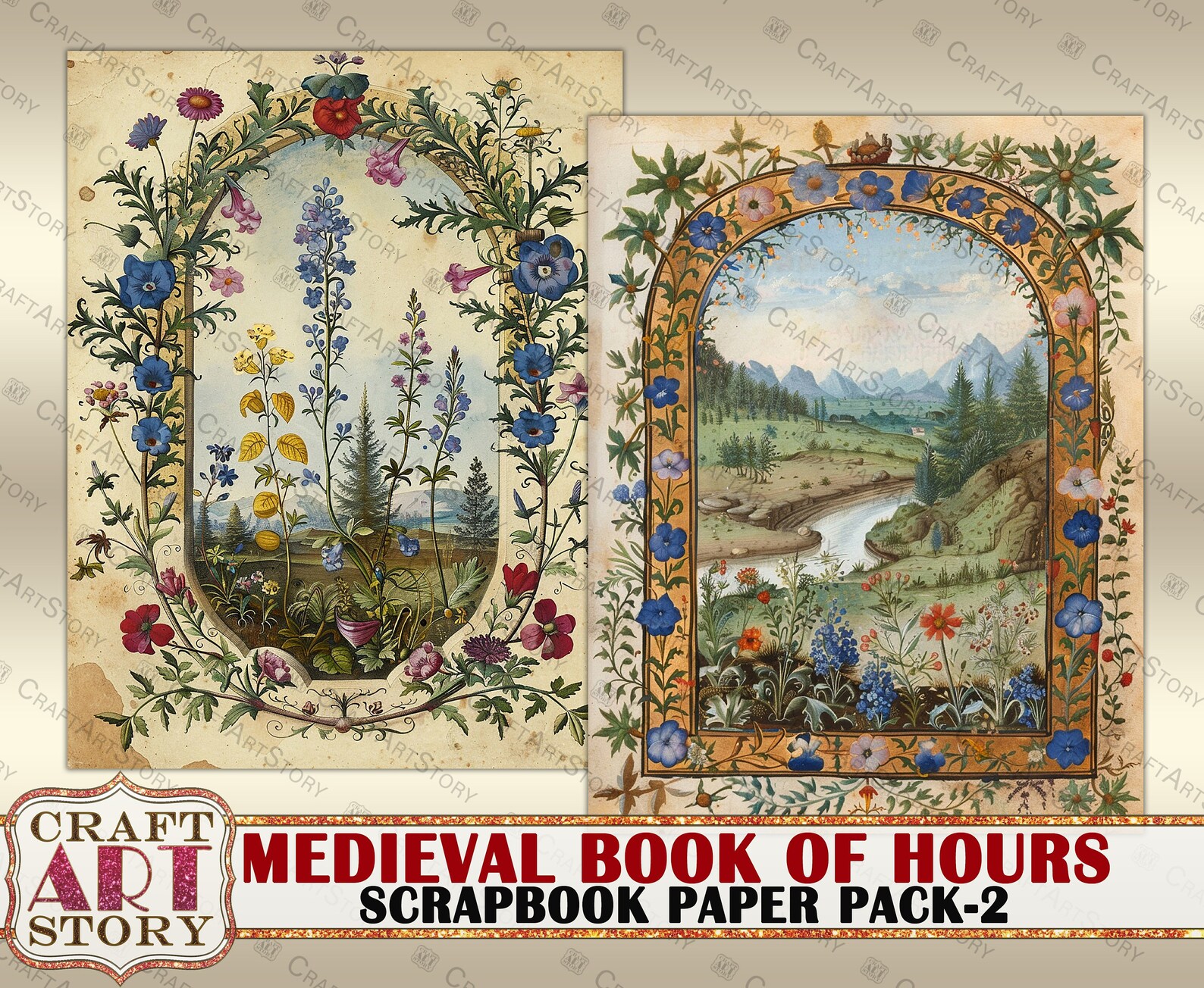 Vintage Medieval Illuminated Manuscript Book of Hours Journal Pages-2 ...