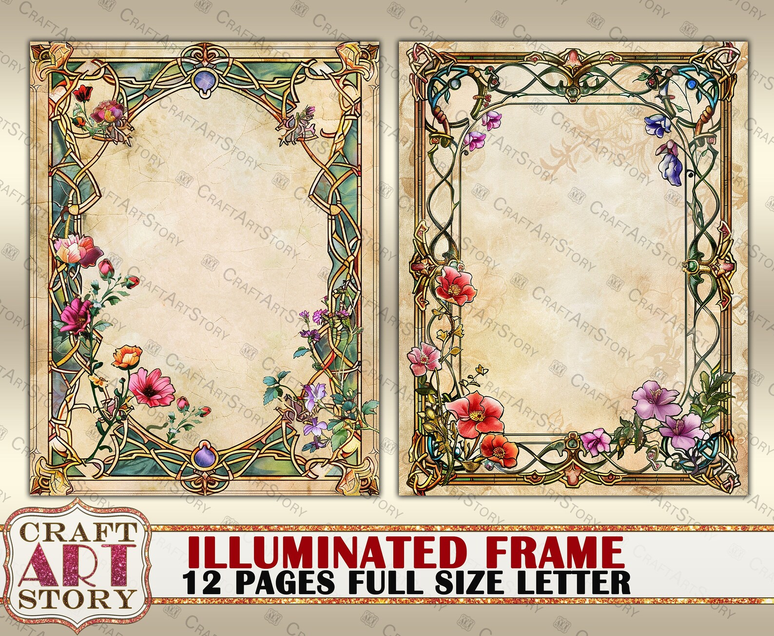 Vintage Illuminated Frame Journal Pages,border,scrapbook Paper Pack ...