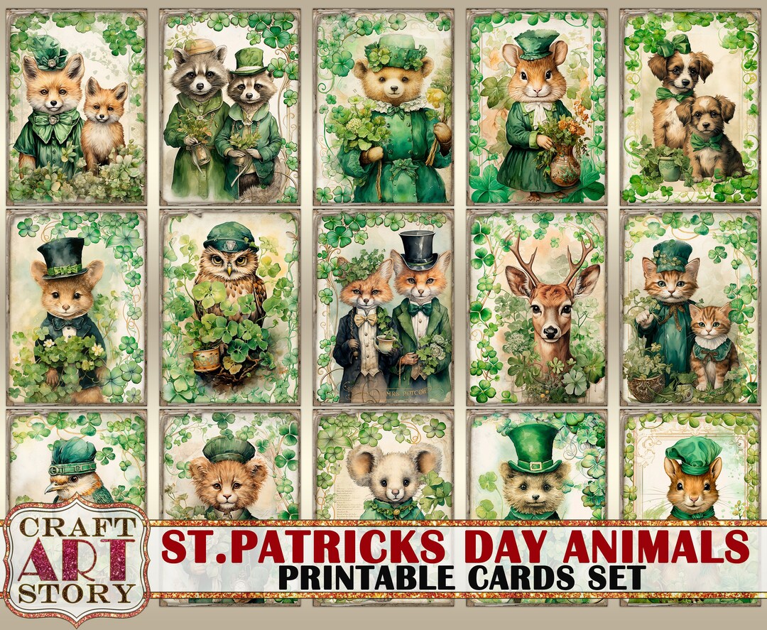 Vintage St.patricks Day Animals Printable Cards Set,printables Digital ...