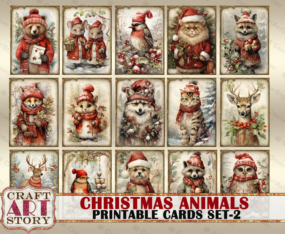 Vintage Christmas Animals Printable Cards Set-2,winter Printables ...