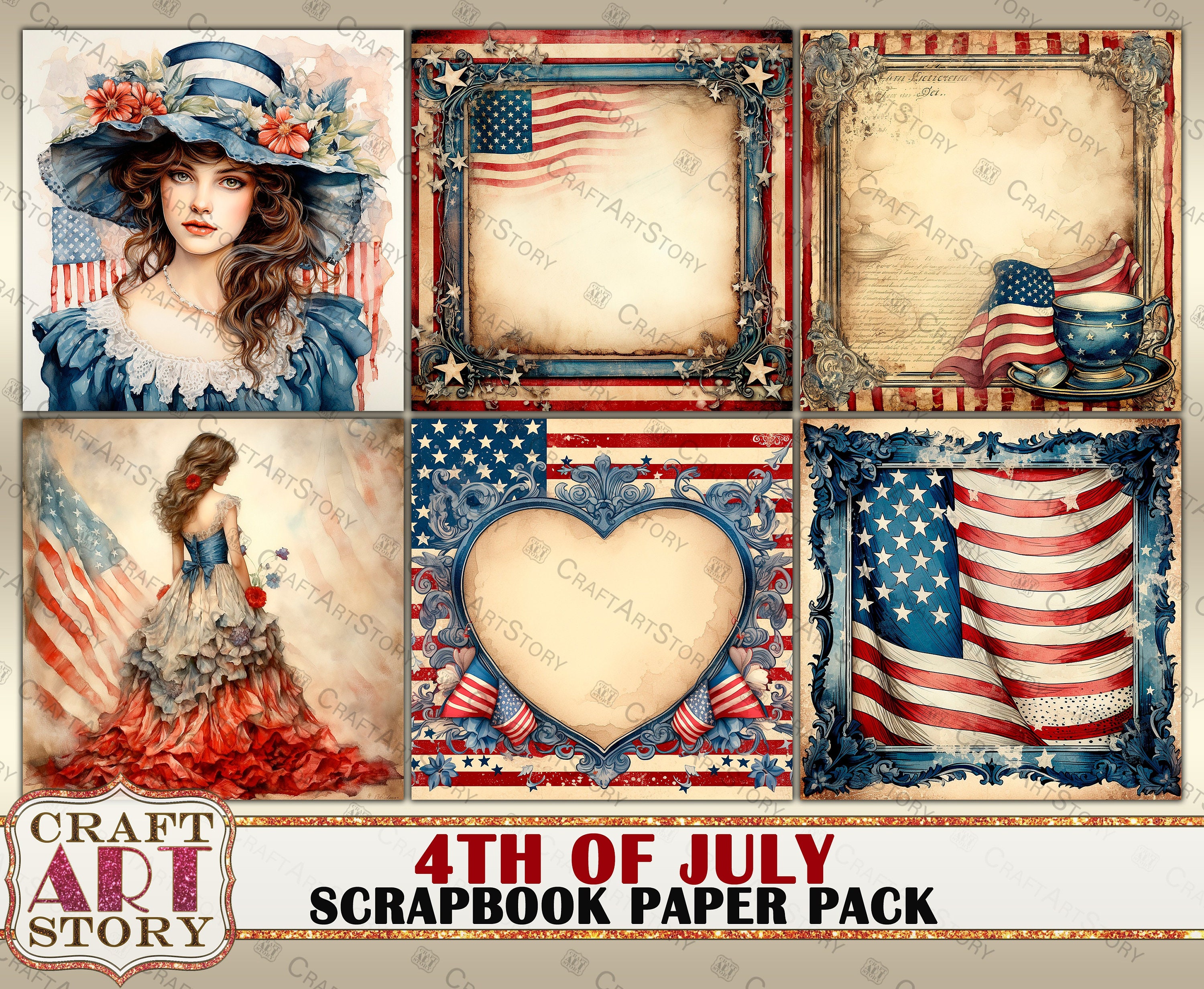 Vintage 4th of July Journal Scrapbook Paper Pack,8x8 DIGITAL Papers ...