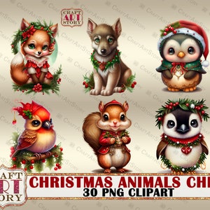 Christmas Animals Chibi Clipart,holiday Digital Stickers - Etsy