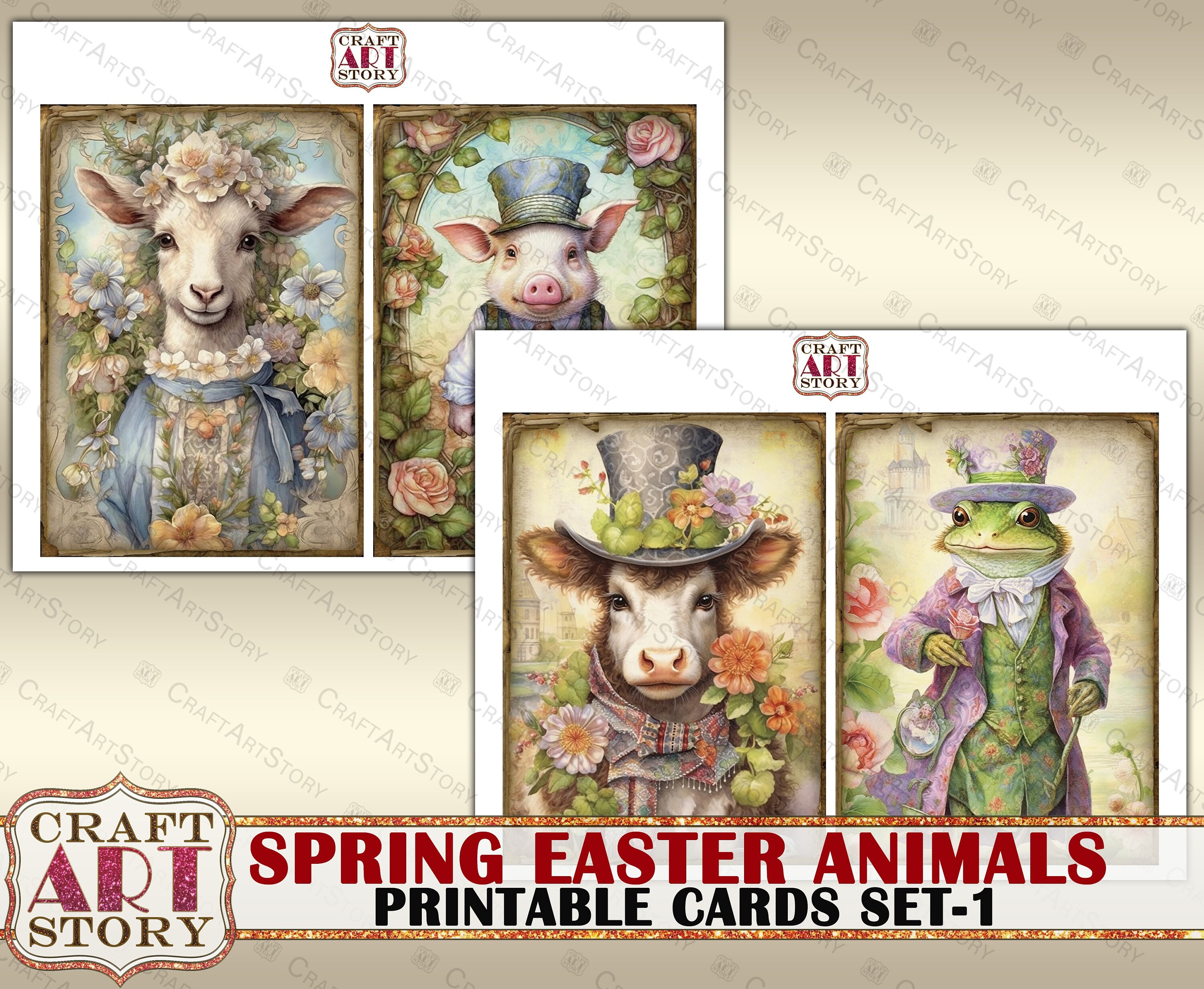 Vintage Spring Easter Printable Cards Set-1, Printables Digital Papers ...