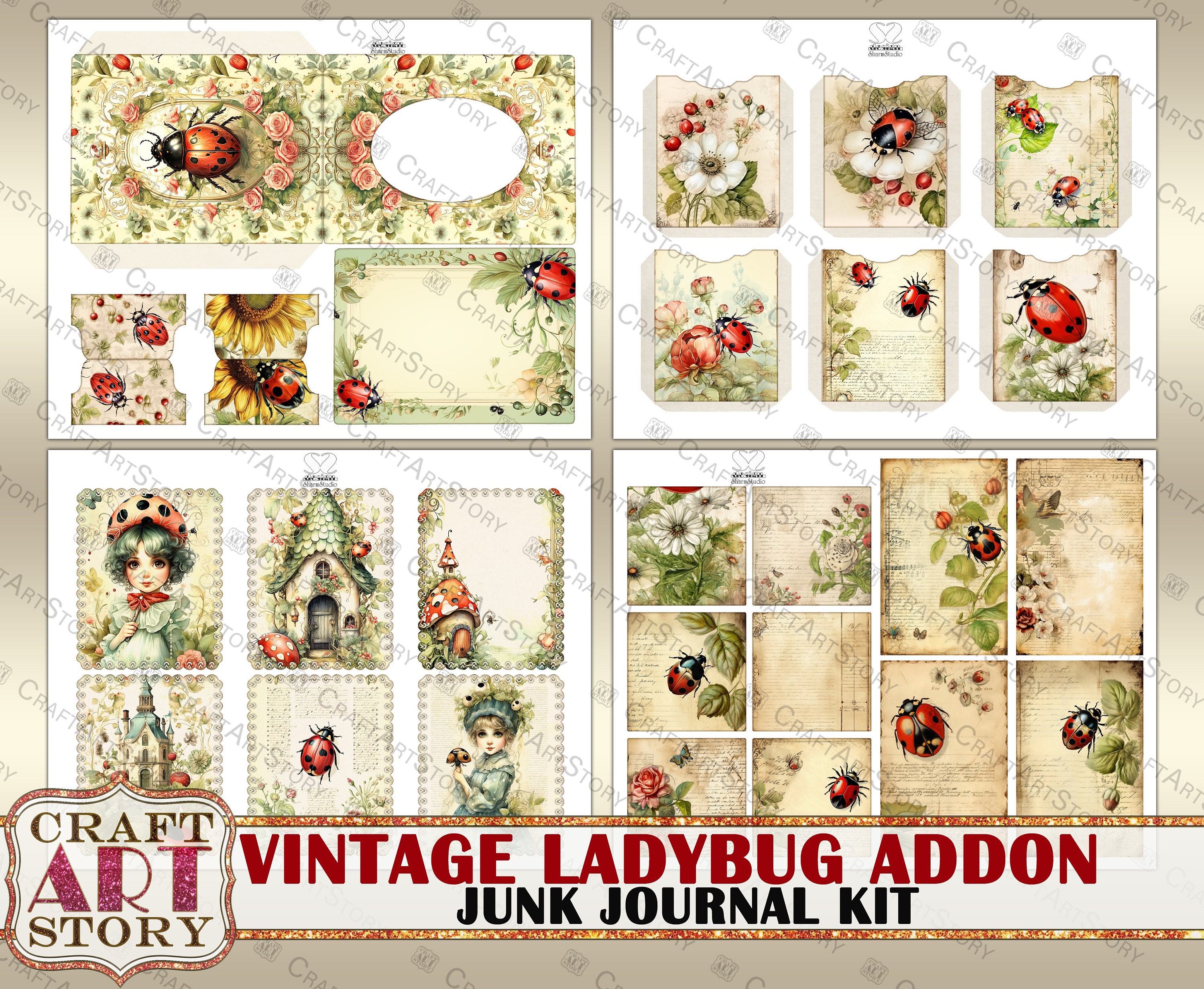 Vintage Ladybug Fantasy Junk Journal Pages ADDON, Printables Digital ...