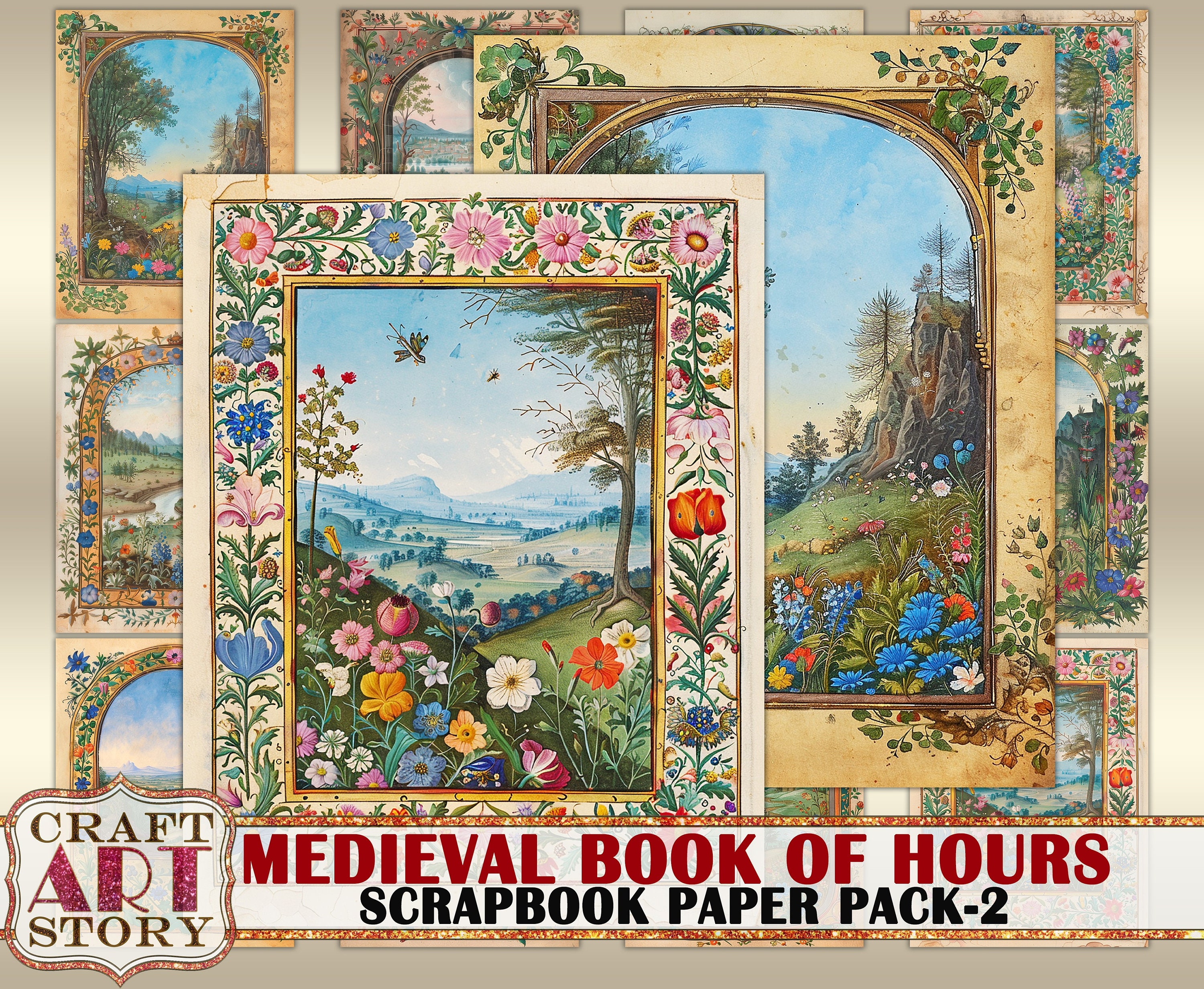 Vintage Medieval Illuminated Manuscript Book of Hours Journal Pages-2 ...