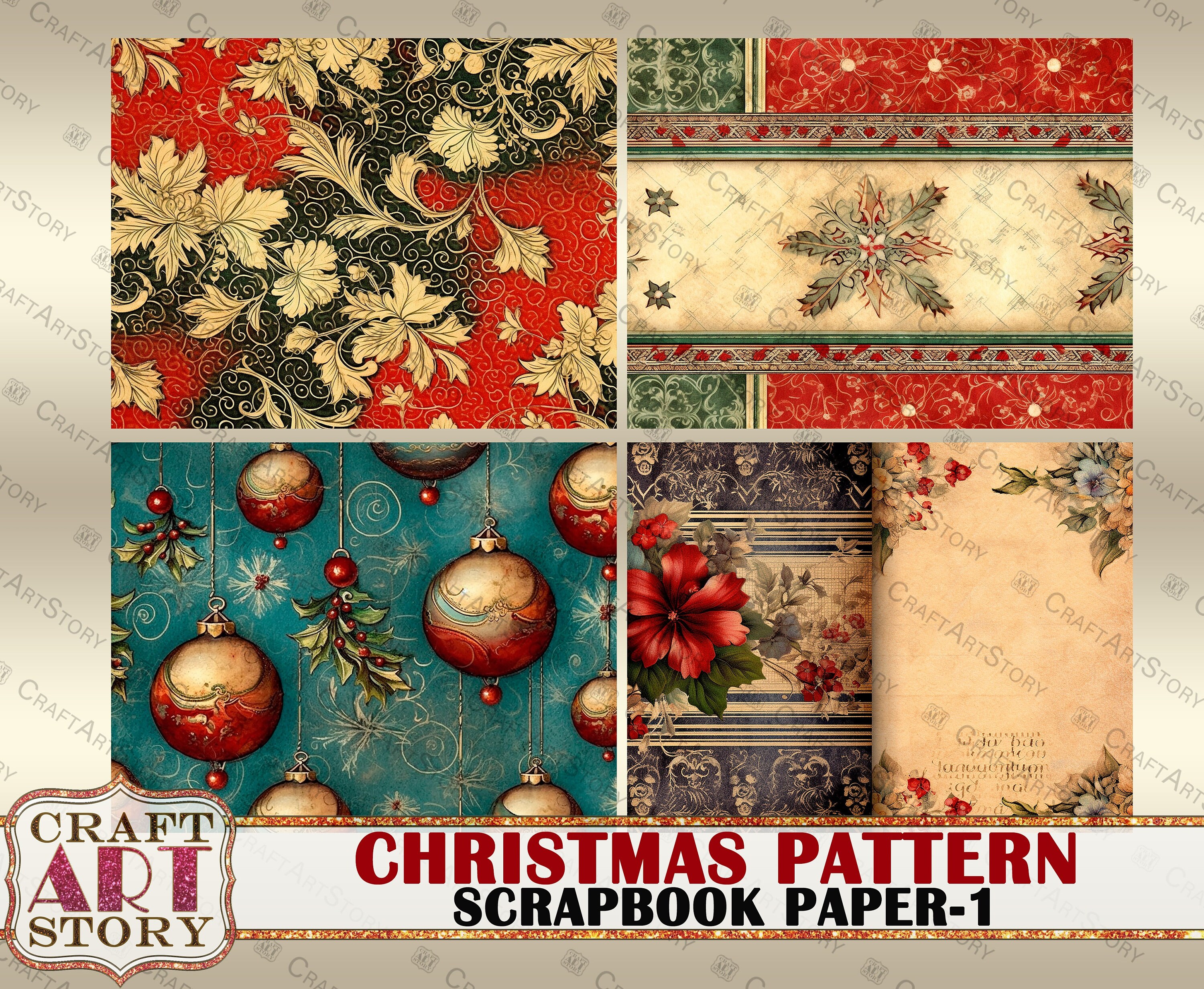 Vintage Christmas Pattern Scrapbook Paper Pack-1, Printable 16 Pages - Etsy