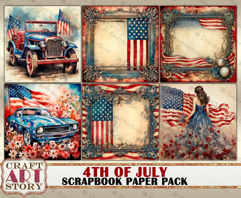 Vintage 4th of July Journal Scrapbook Paper Pack,8x8 DIGITAL Papers ...