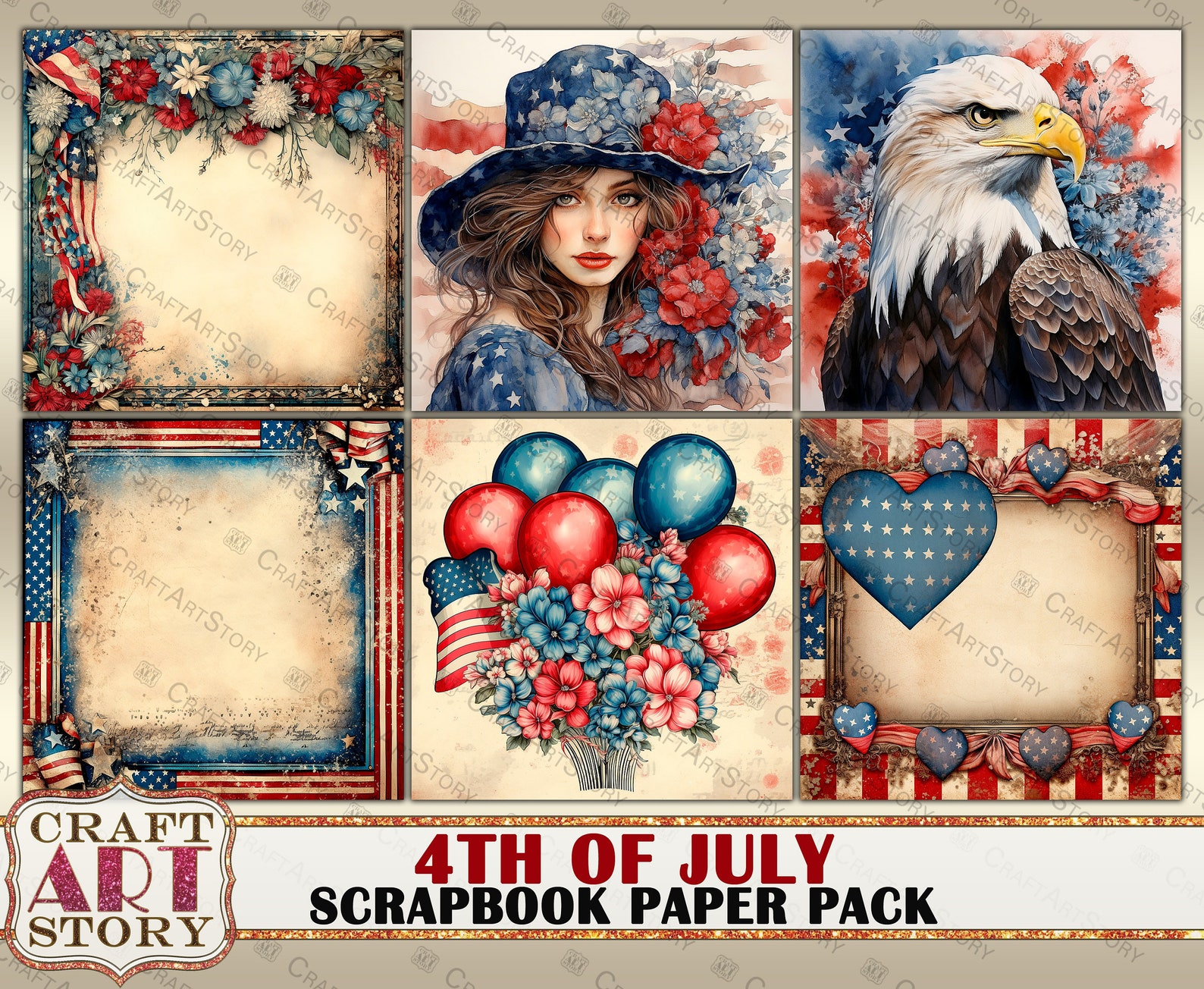 Vintage 4th of July Journal Scrapbook Paper Pack,8x8 DIGITAL Papers ...