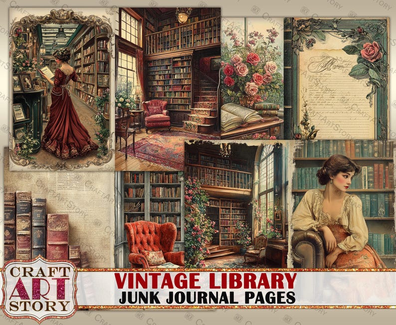 Vintage Library Junk Journal Pages, Old Book, Scrapbook Printables ...