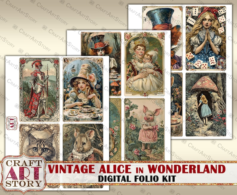 Vintage Alice Wonderland Folio Kit,fussy Cuts,cards Set Printable ...