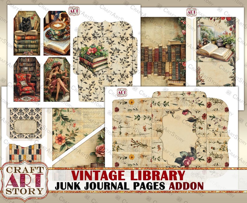 Vintage Library Junk Journal Pages ADDON, Old Book, Scrapbook ...
