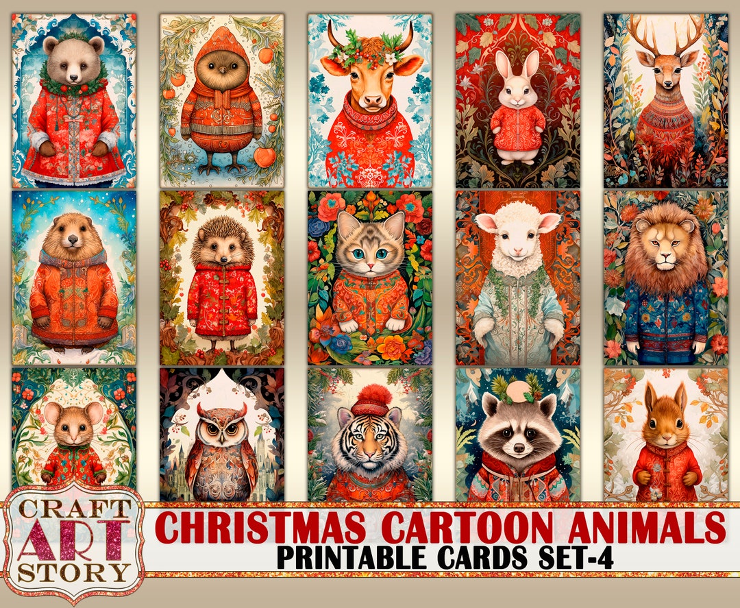 Christmas Cartoon Animals Printable Cards Set-4,winter Printables ...