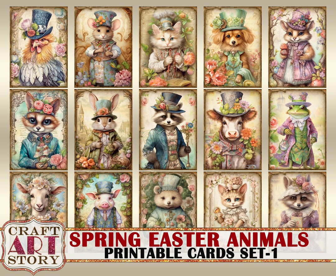 Vintage Spring Easter Printable Cards Set-1, Printables Digital Papers ...