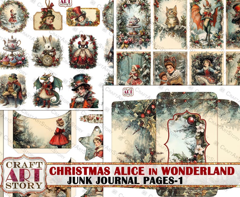 Christmas Alice Wonderland Junk Journal Pages,scrapbook Printables ...