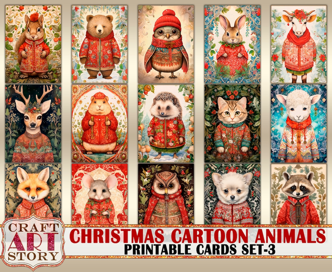 Christmas Cartoon Animals Printable Cards Set-3,winter Printables ...
