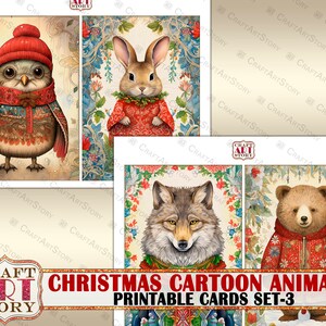 Christmas Cartoon Animals Printable Cards Set-3,winter Printables ...