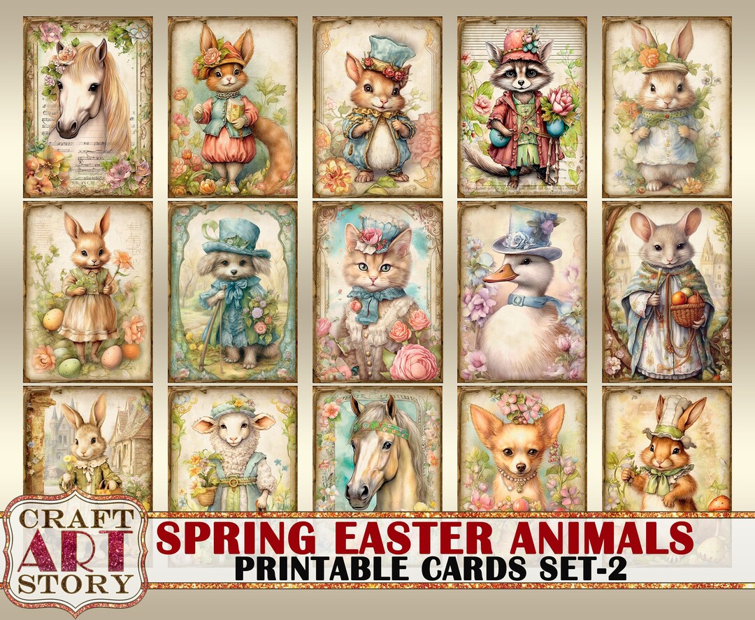 Vintage Spring Easter Printable Cards Set-2, Printables Digital Papers - Etsy