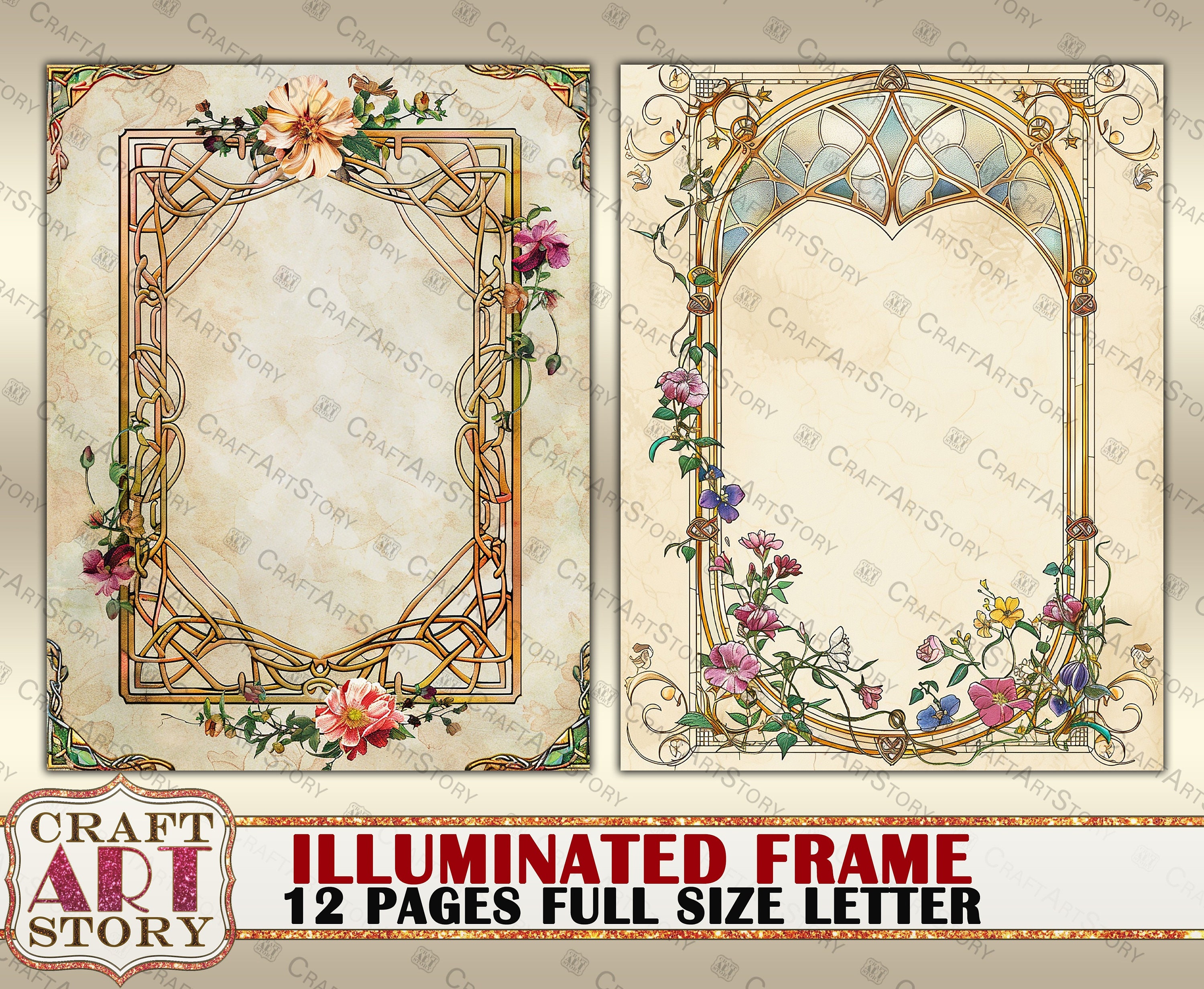 Vintage Illuminated Frame Journal Pages,border,scrapbook Paper Pack ...
