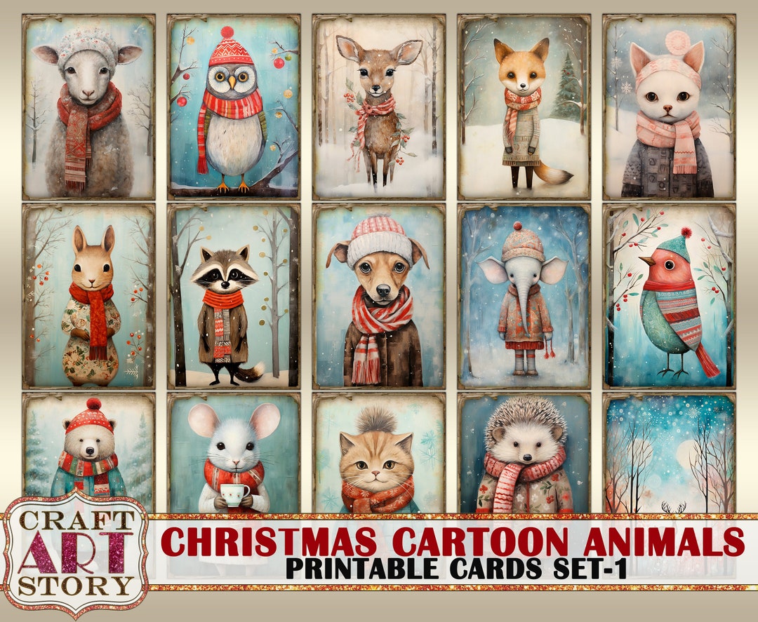 Christmas Cartoon Animals Printable Cards Set-1,winter Printables ...