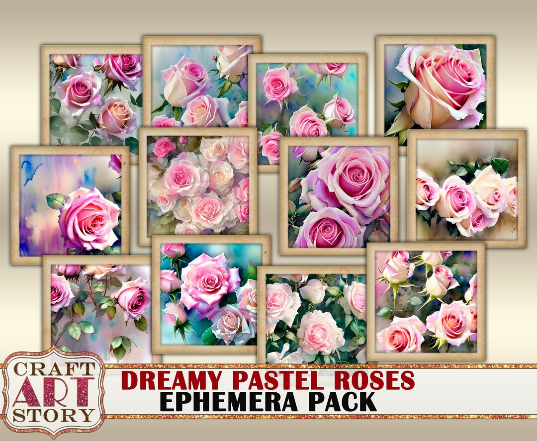 Ephemera Pack Dreamy Roses Card Set, Pastel Printable for Junk Journals ...