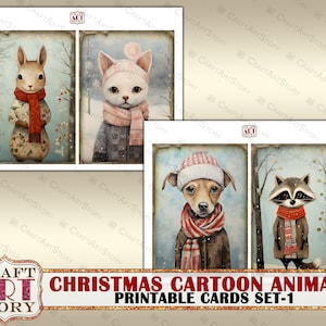 Christmas Cartoon Animals Printable Cards Set-1,winter Printables ...